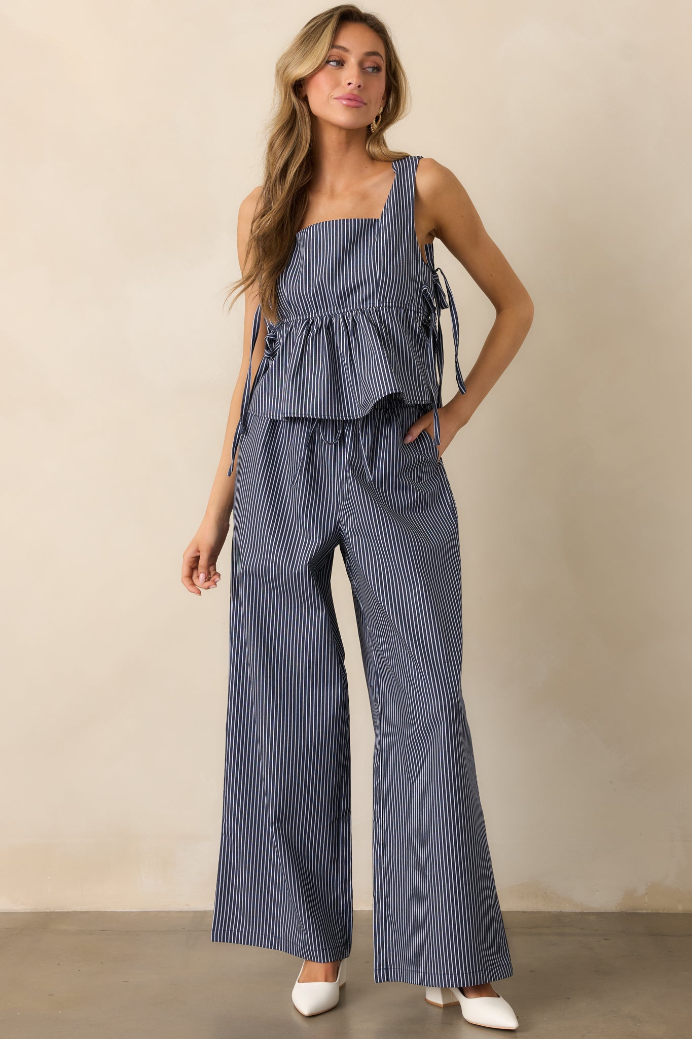 Navy Stripe Drawstring Pants - All Playsuits | Red Dress