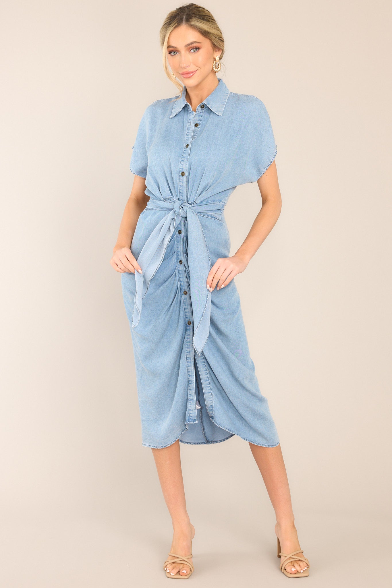 Chambray Button Front Midi Dress - All Dresses | Red Dress