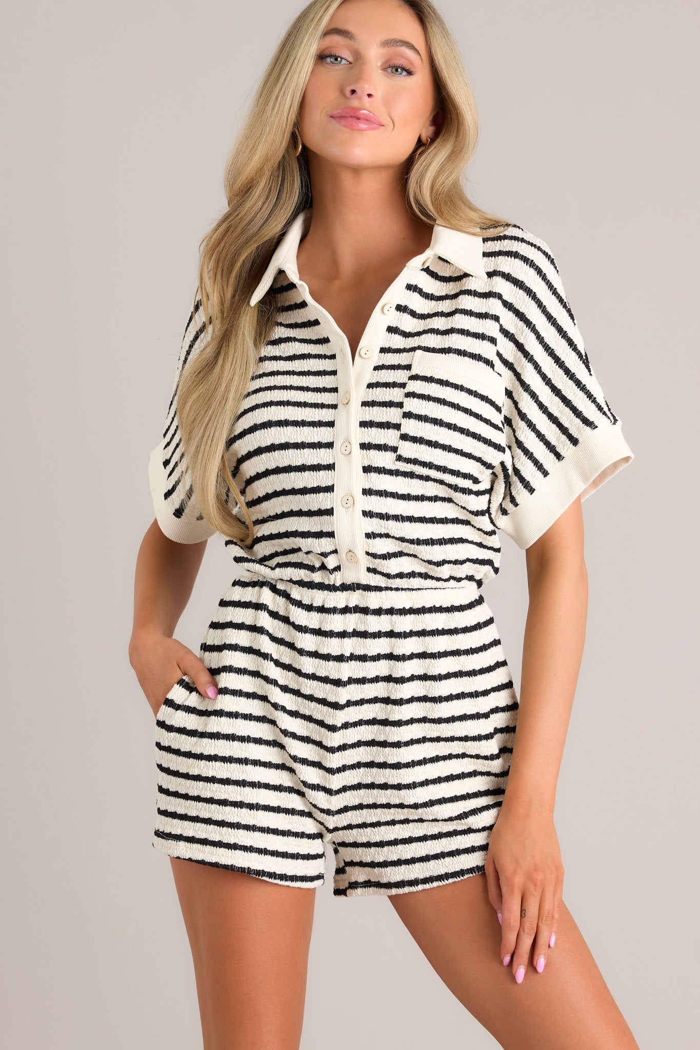 Black Stripe Button Front Romper - All Playsuits | Red Dress