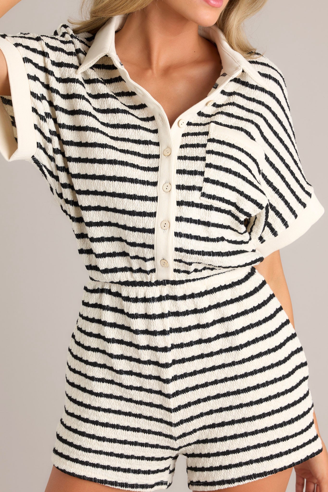 Black Stripe Button Front Romper - All Playsuits | Red Dress