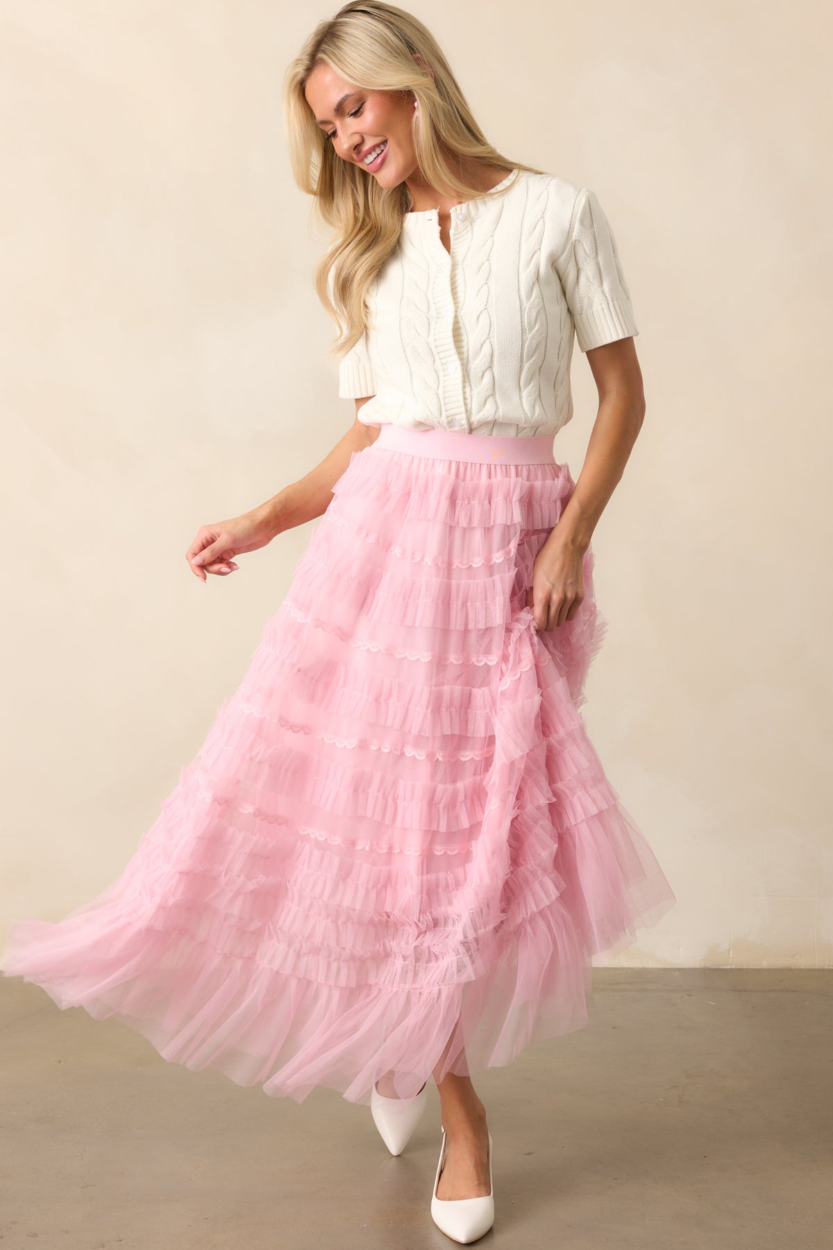 Light Pink Ruffle Tulle Midi Skirt - All Bottoms | Red Dress