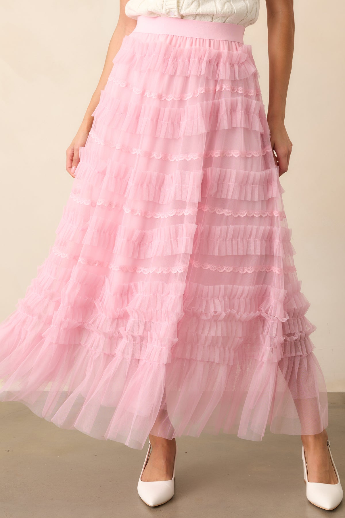 Light Pink Ruffle Tulle Midi Skirt - All Bottoms | Red Dress