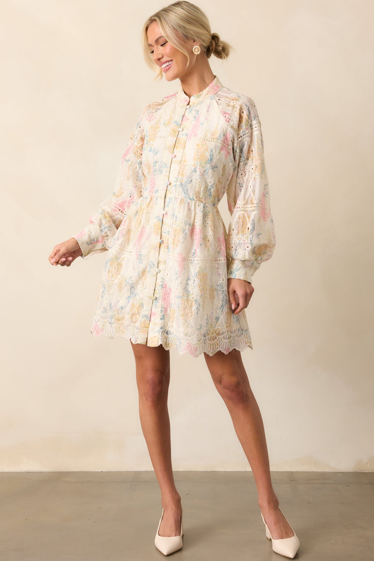 Ivory Floral Embroidered Eyelet Mini Dress - All Dresses | Red Dress