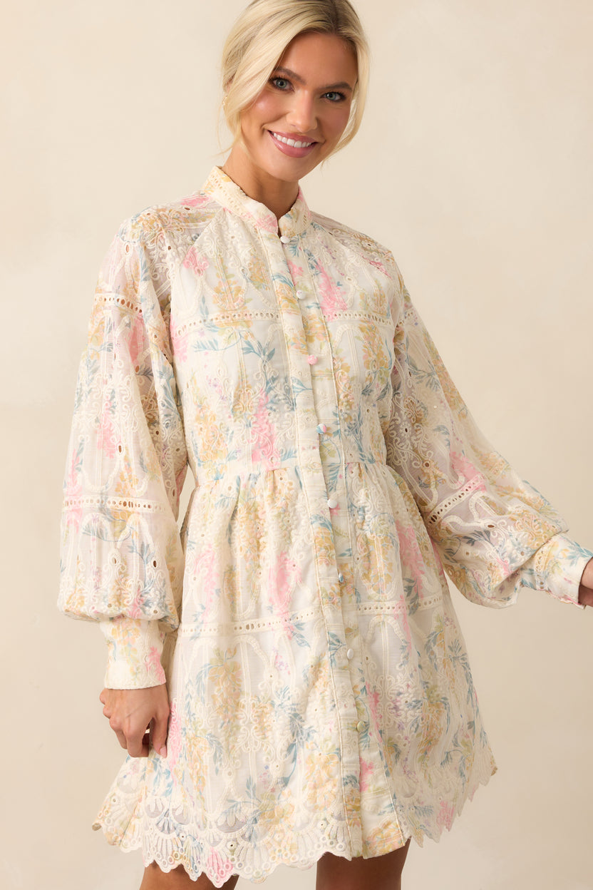 Ivory Floral Embroidered Eyelet Mini Dress - All Dresses | Red Dress