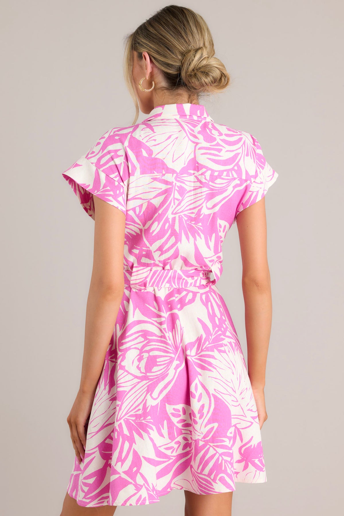 Pink Tropical Print Button Front Mini Dress - All Dresses | Red Dress