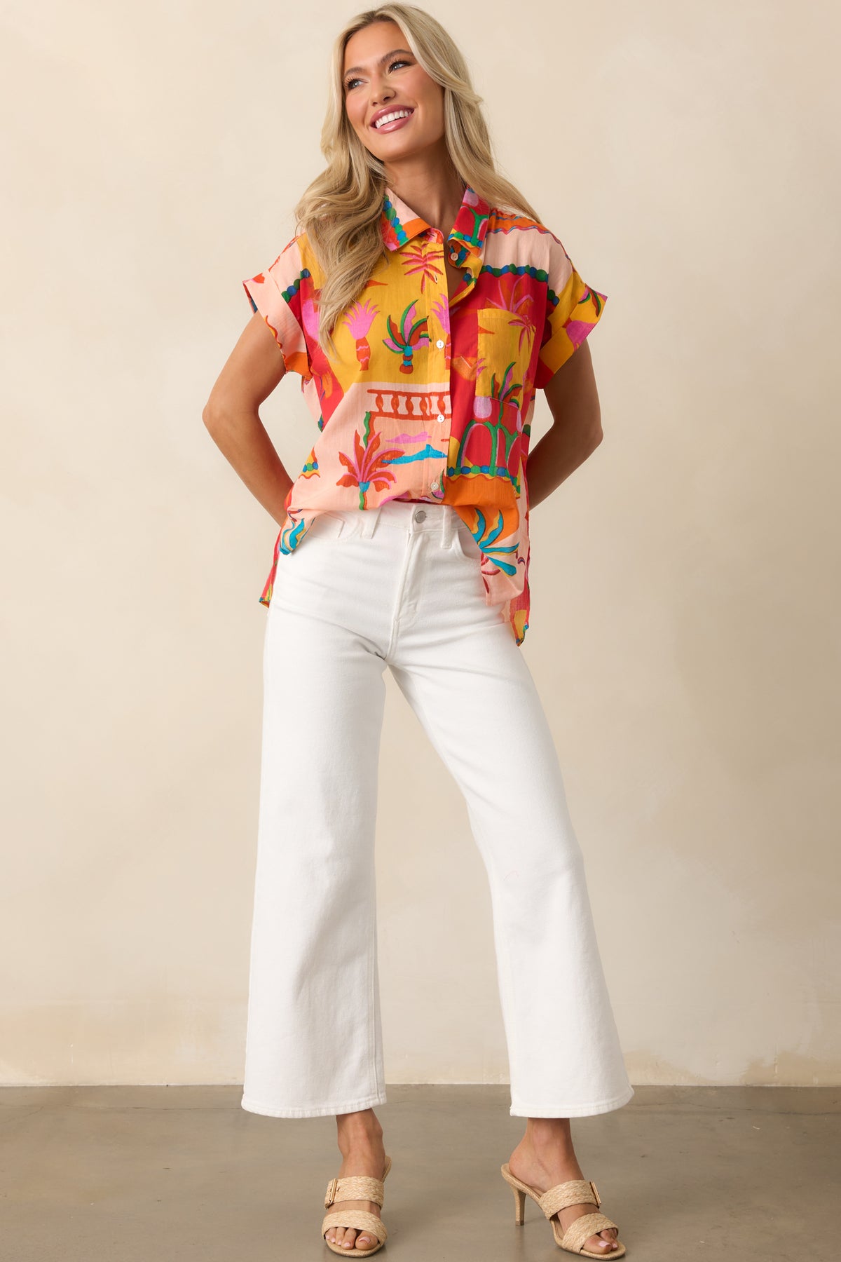 Orange Tropical Print Cotton Button Front Top - All Tops | Red Dress
