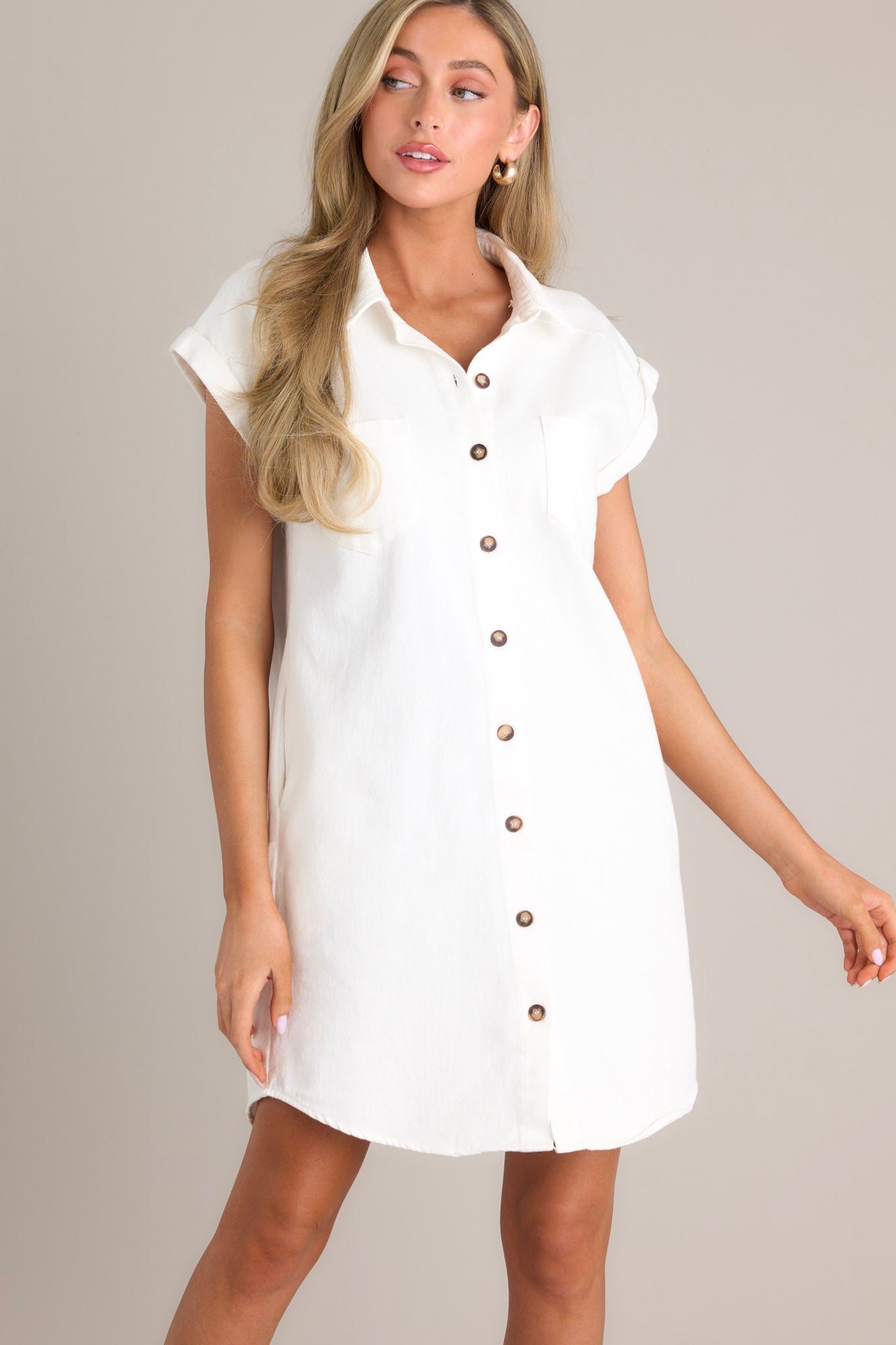 White Denim Button Front Mini Dress - All Dresses | Red Dress