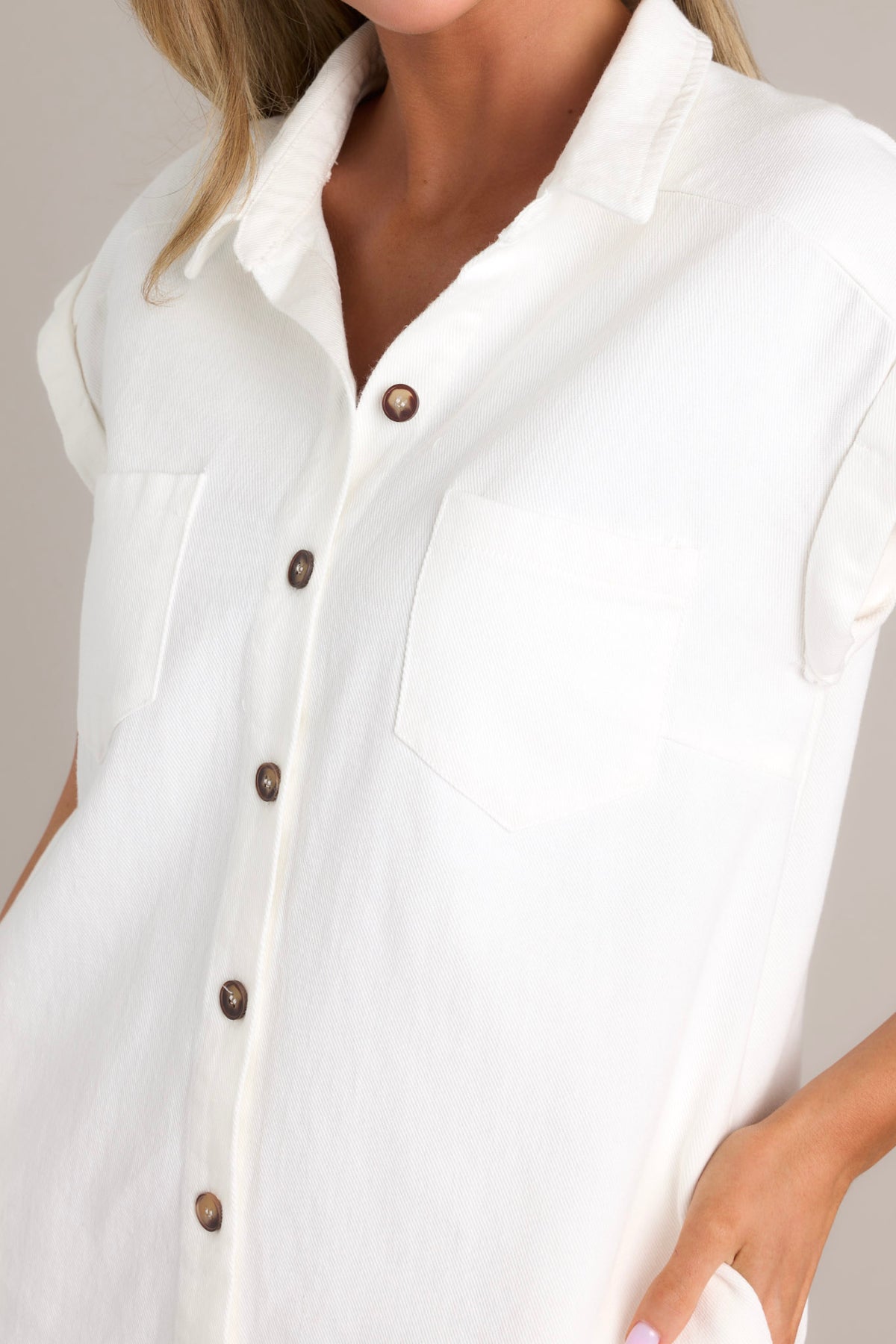 White Denim Button Front Mini Dress - All Dresses | Red Dress