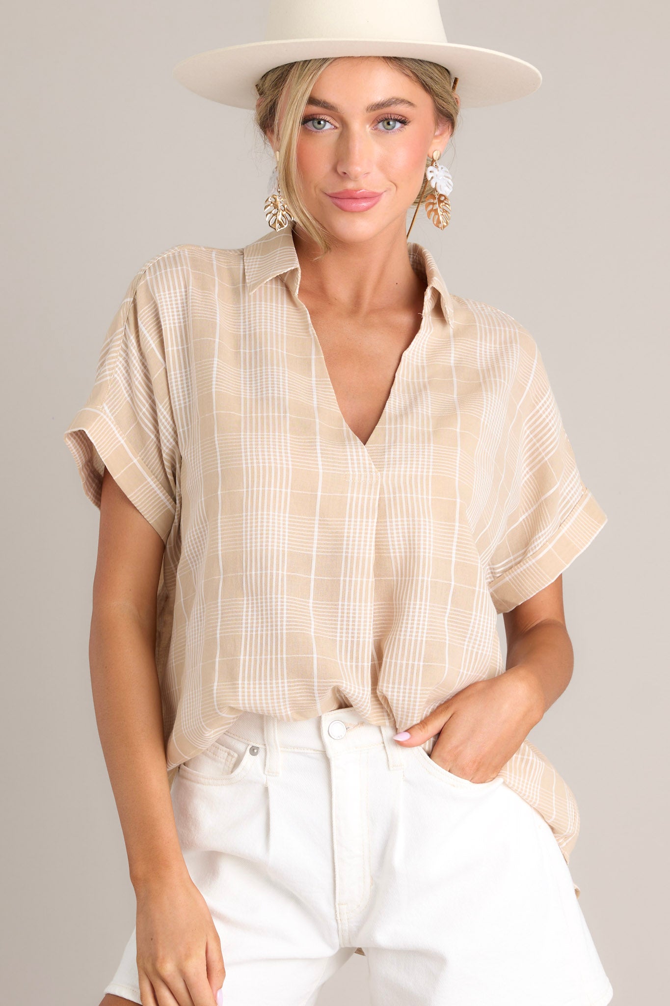 Casual Beige Plaid Top - All Tops | Red Dress