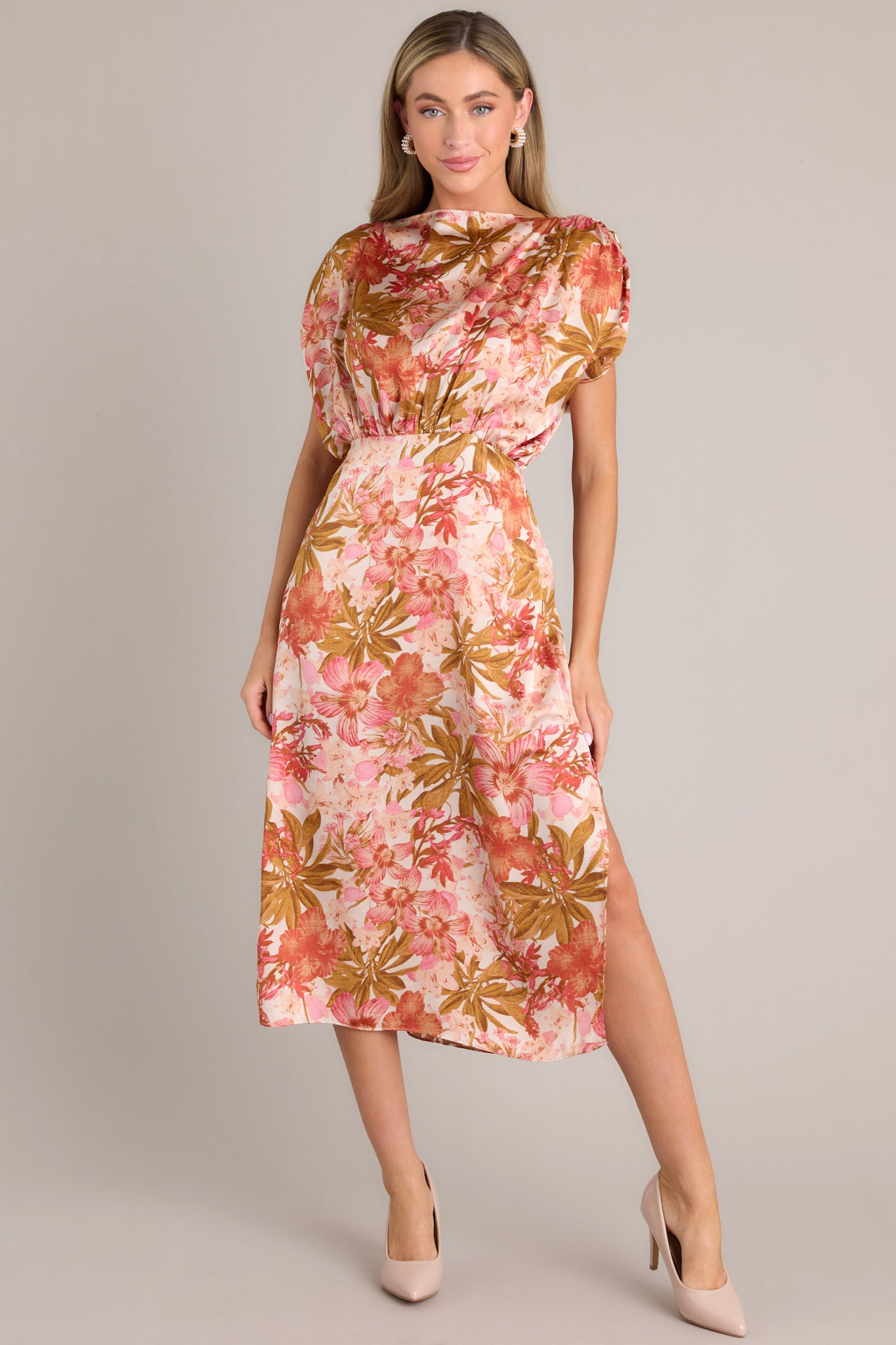 Rose Pink Floral Midi Dress - All Dresses | Red Dress