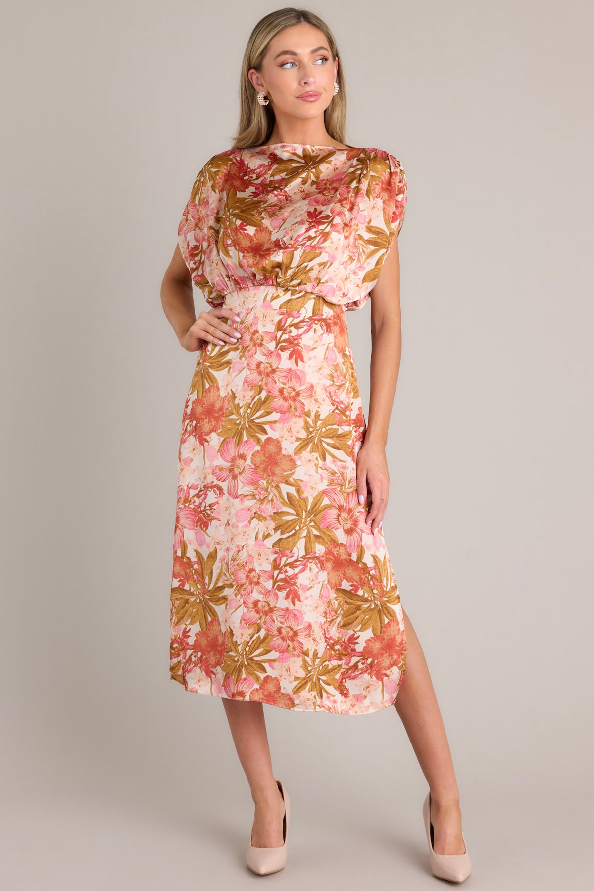 Rose Pink Floral Midi Dress - All Dresses | Red Dress