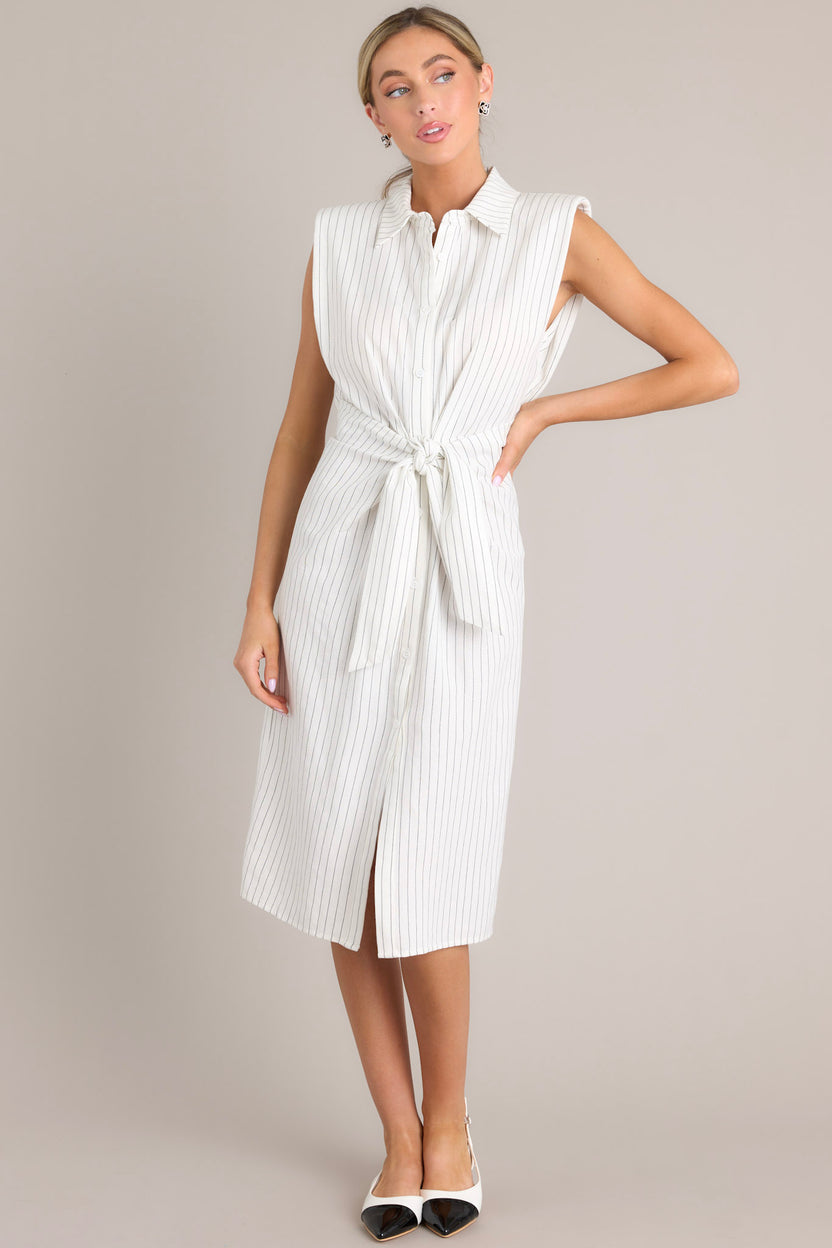 White Button Front Pinstripe Midi Dress - All Dresses | Red Dress