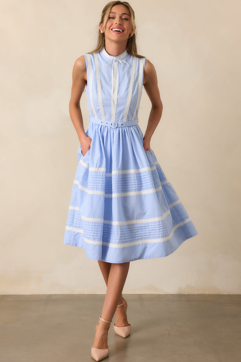 Prosperina Emma Ribbon Trim Dress In Blue Micro Gingham | Red Dress