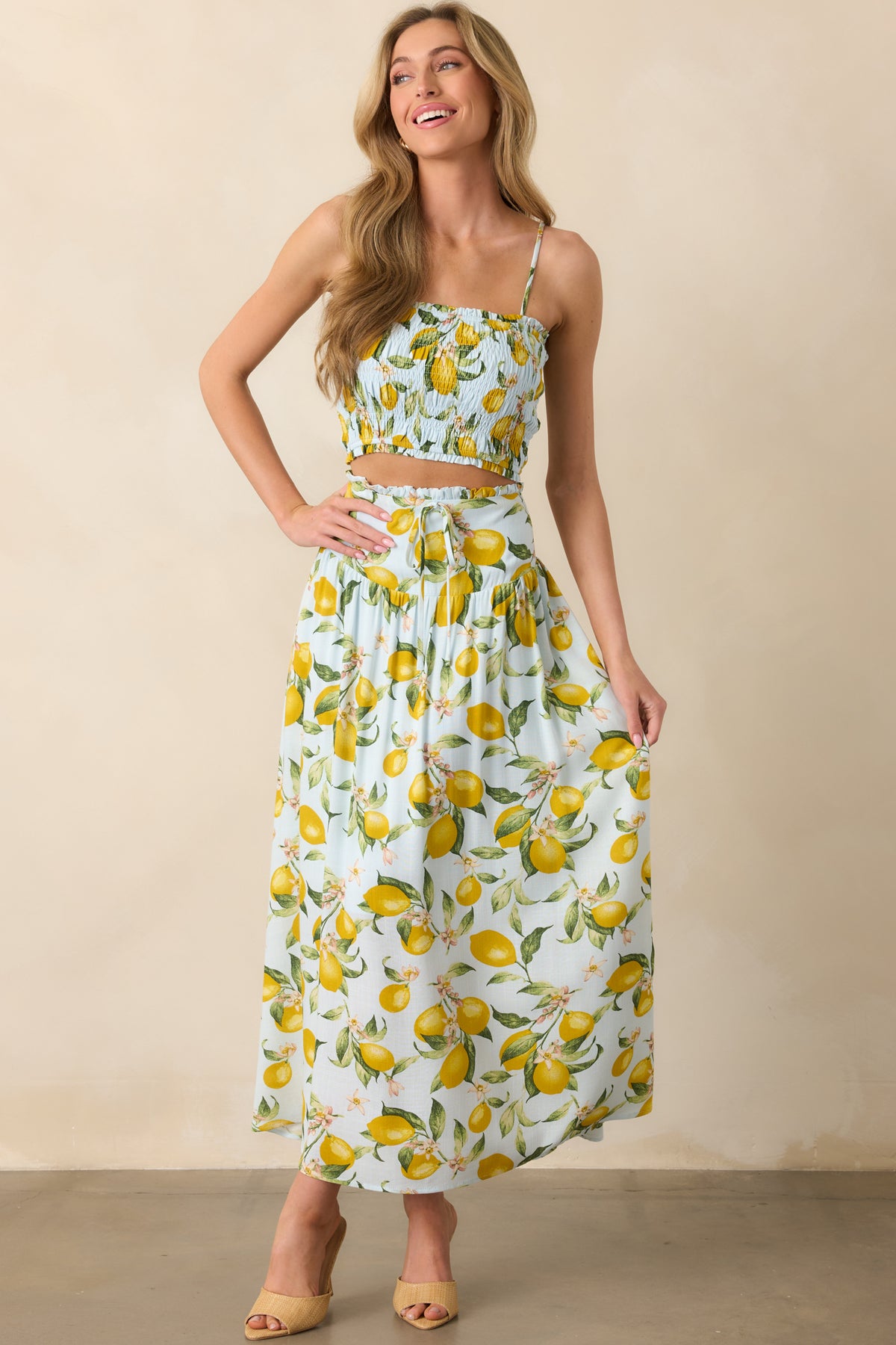 Light Blue Lemon Print Smocked Crop Top - Two Piece Sets | Red Dress