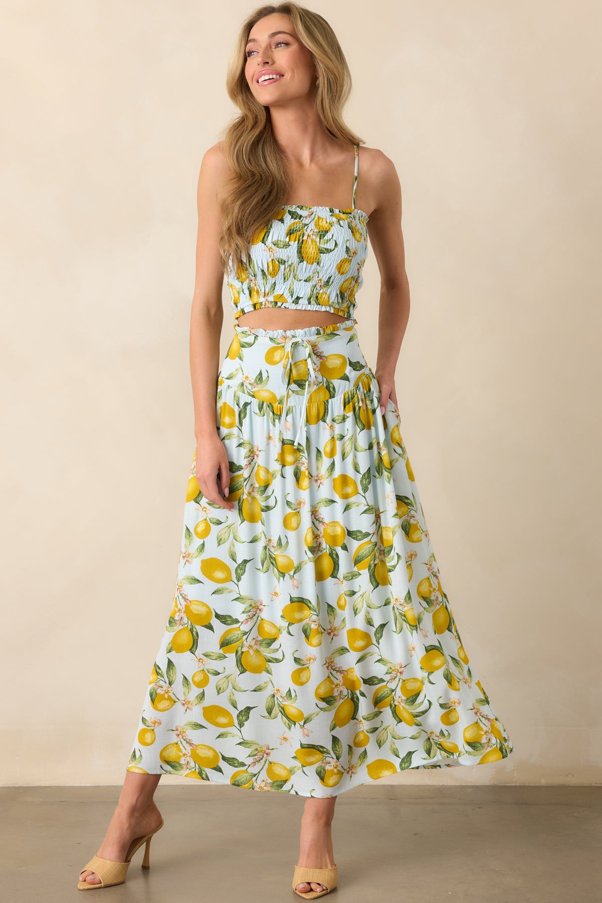 Light Blue Lemon Print Smocked Crop Top - Two Piece Sets | Red Dress