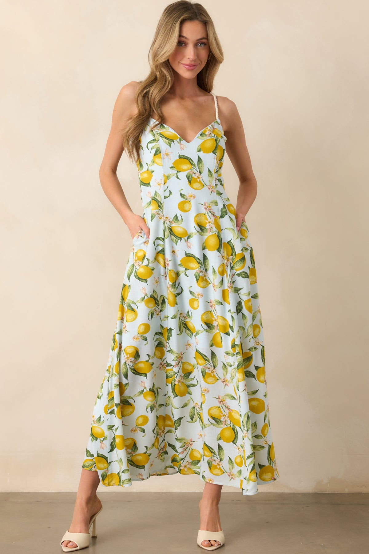 Light Blue Lemon Print Maxi Dress - Vacation Ready | Red Dress