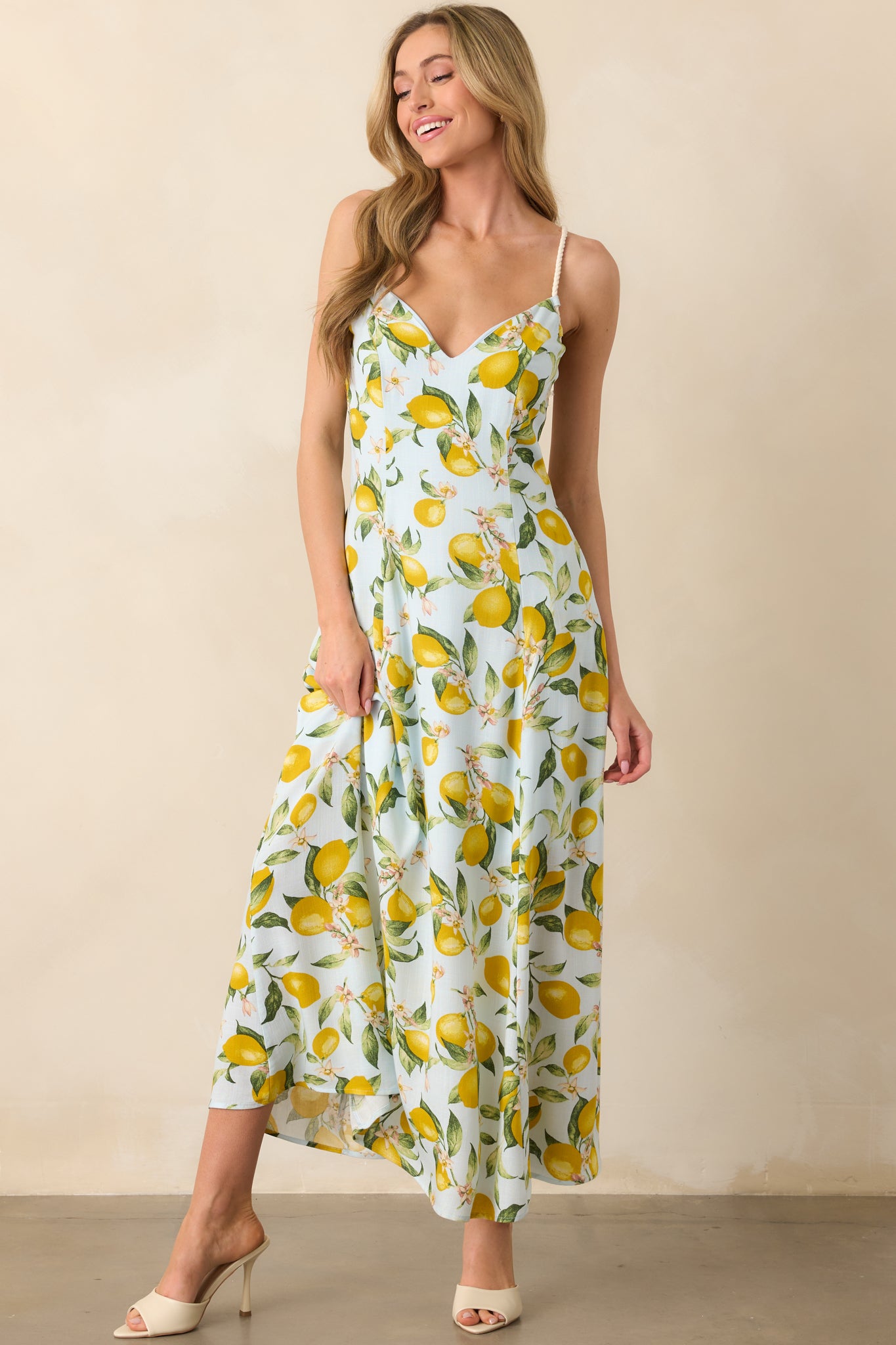 Light Blue Lemon Print Maxi Dress - Vacation Ready | Red Dress