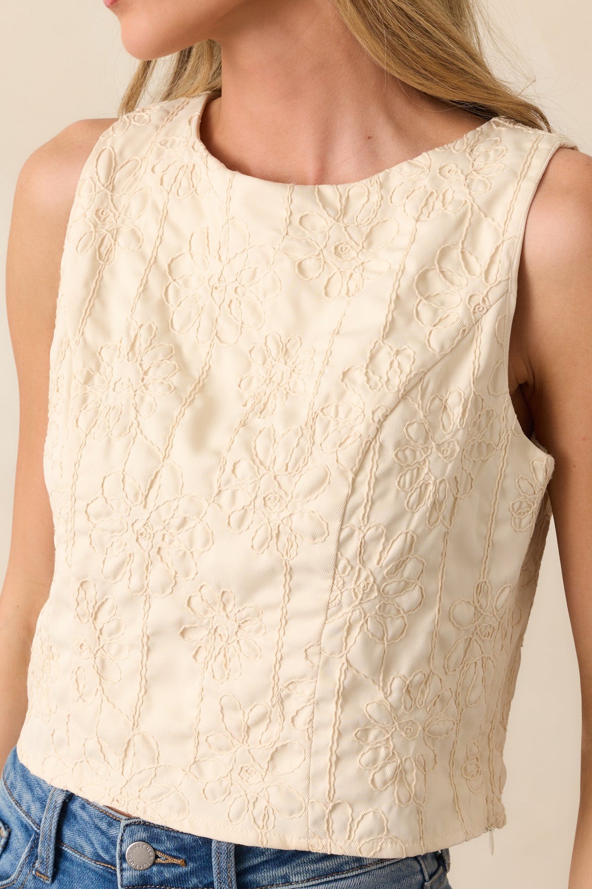 Beige Floral Embroidered Top - Crop Tops | Red Dress