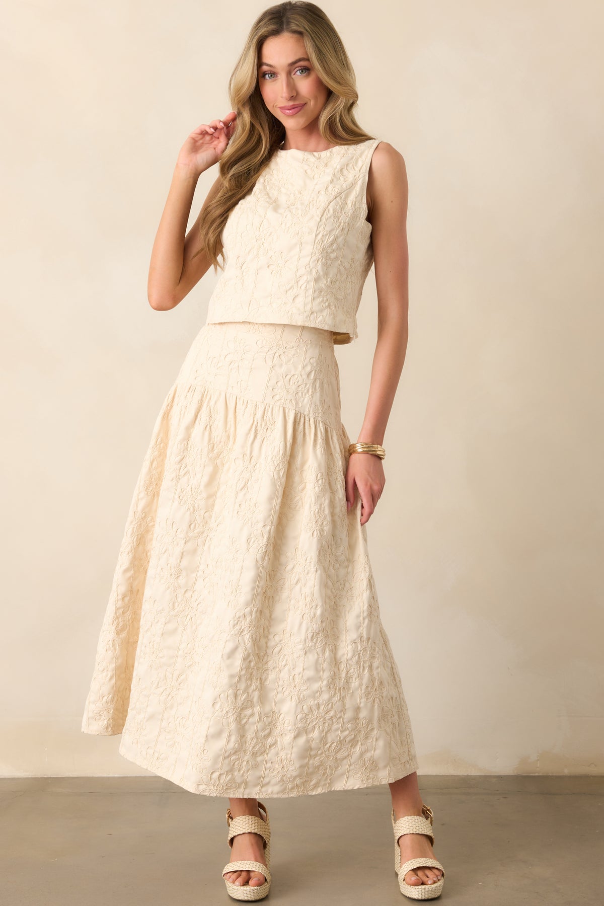 Beige Floral Embroidered Top - Crop Tops | Red Dress