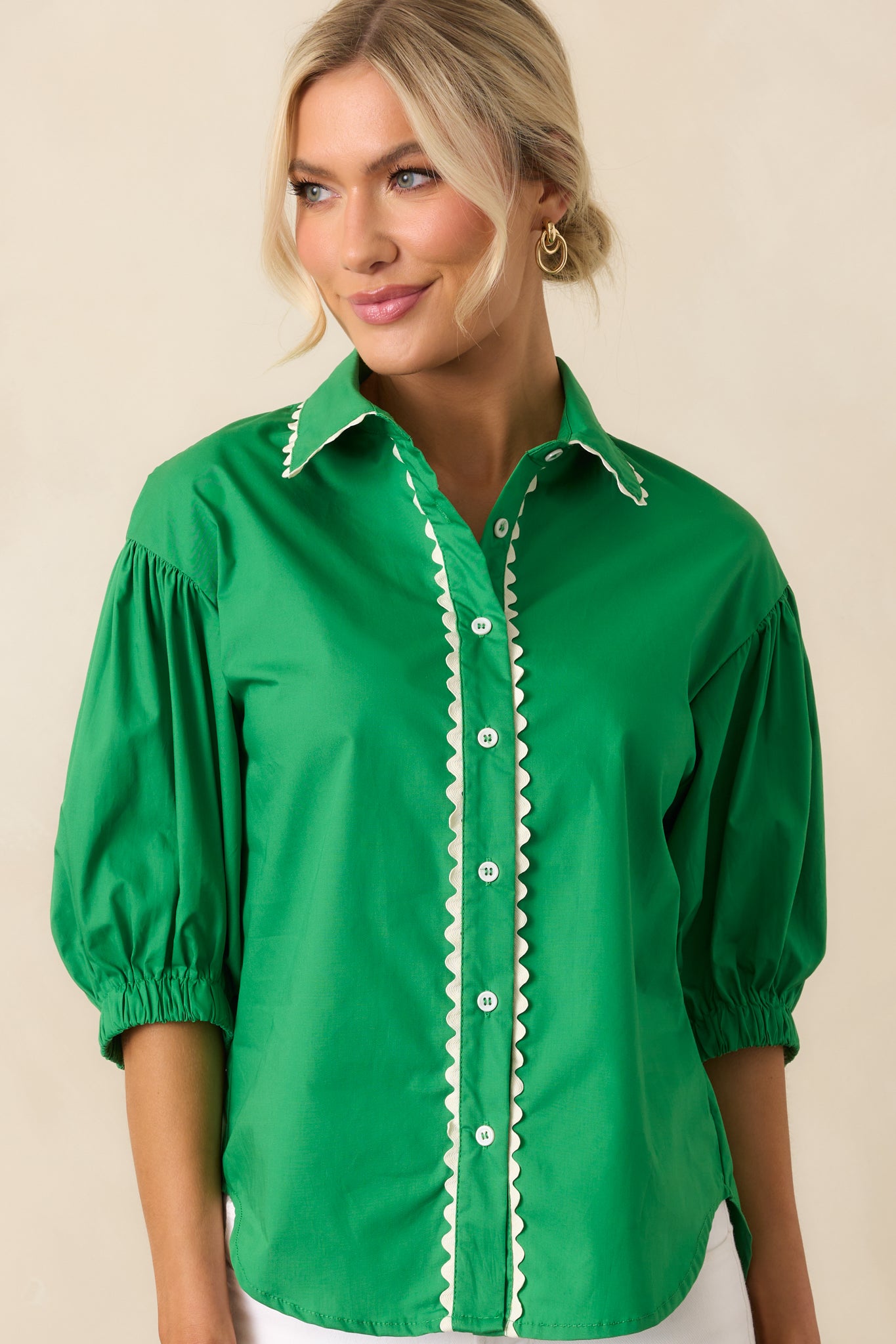 Green Cotton Ric Rac Button Front Top - Casual Tops | Red Dress