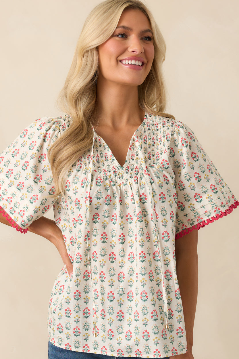 Red Floral Cotton Short Sleeve Top - Casual Tops | Red Dress