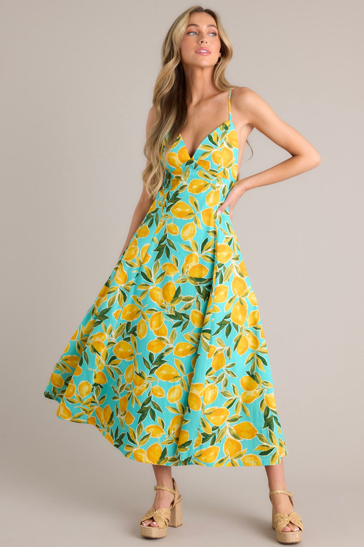 Sleeveless Aqua Lemon Print Midi Dress - All Dresses | Red Dress