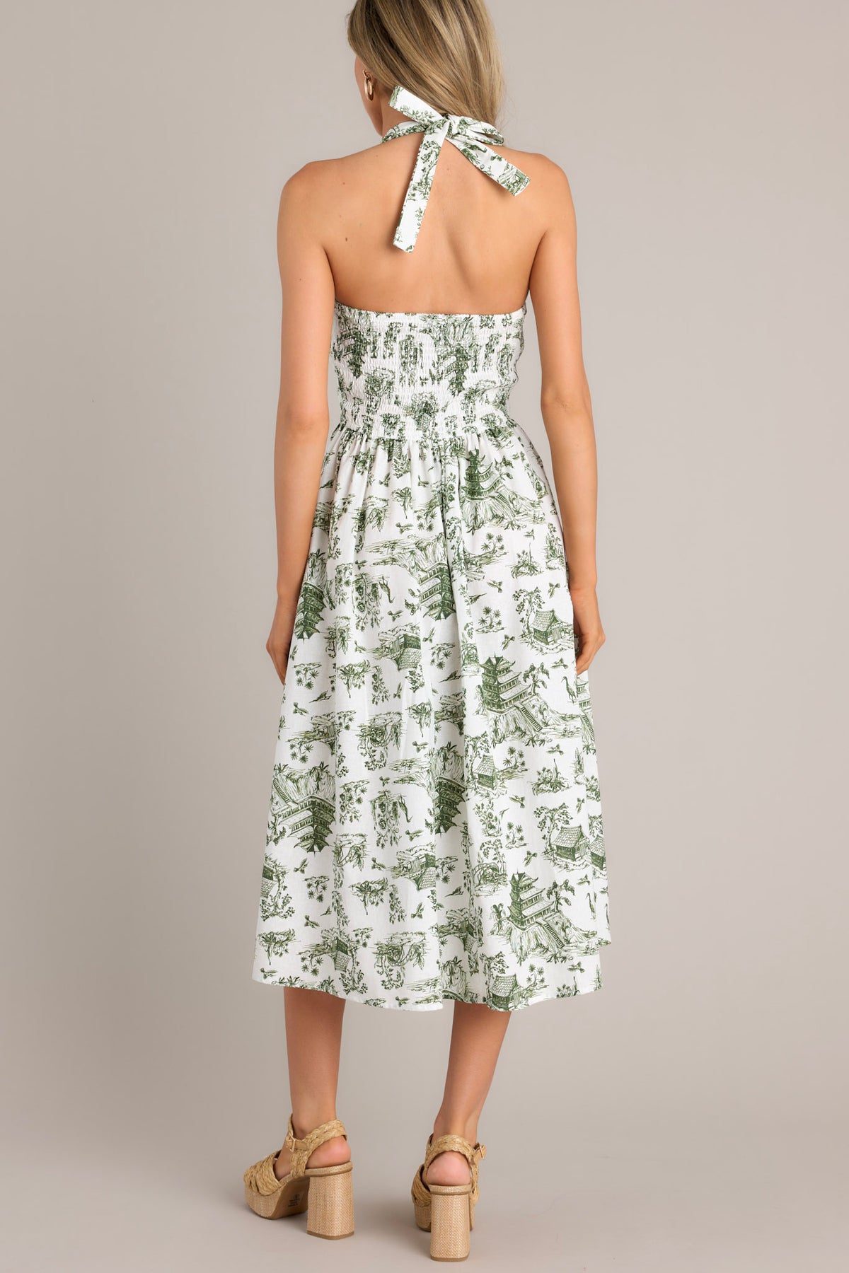 Green & White Toile Halter Midi Dress - All Dresses | Red Dress
