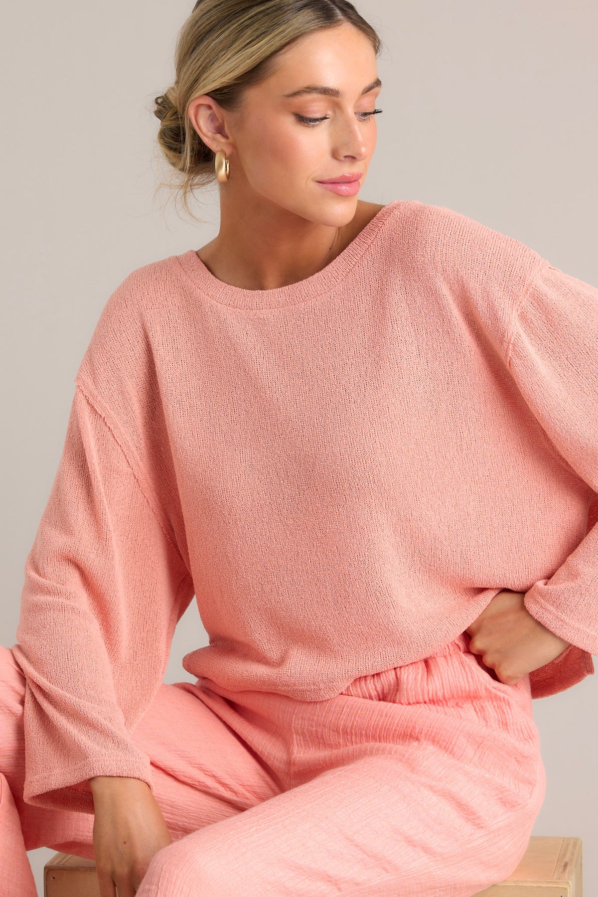 Long Sleeve Peach Knit Top - Casual Tops | Red Dress