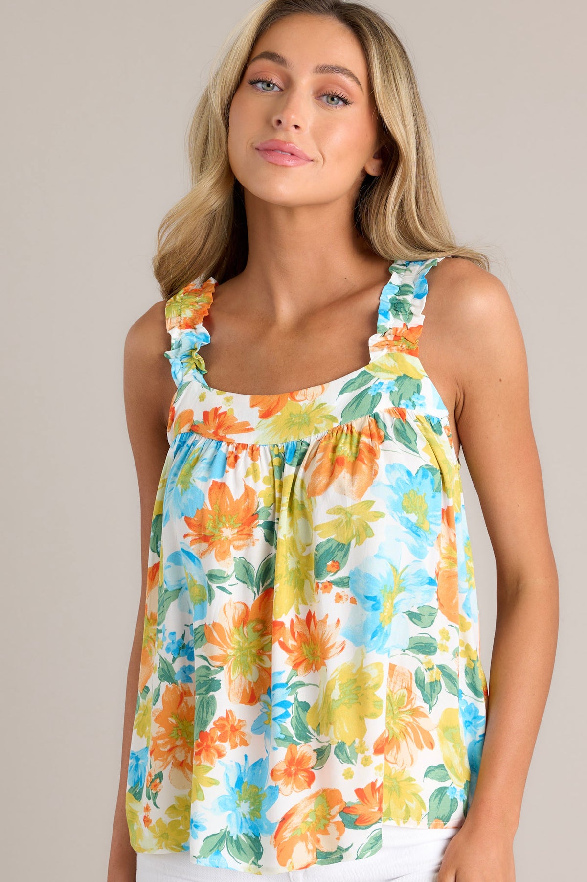 Sky Blue & Orange Floral Top - All Tops | Red Dress