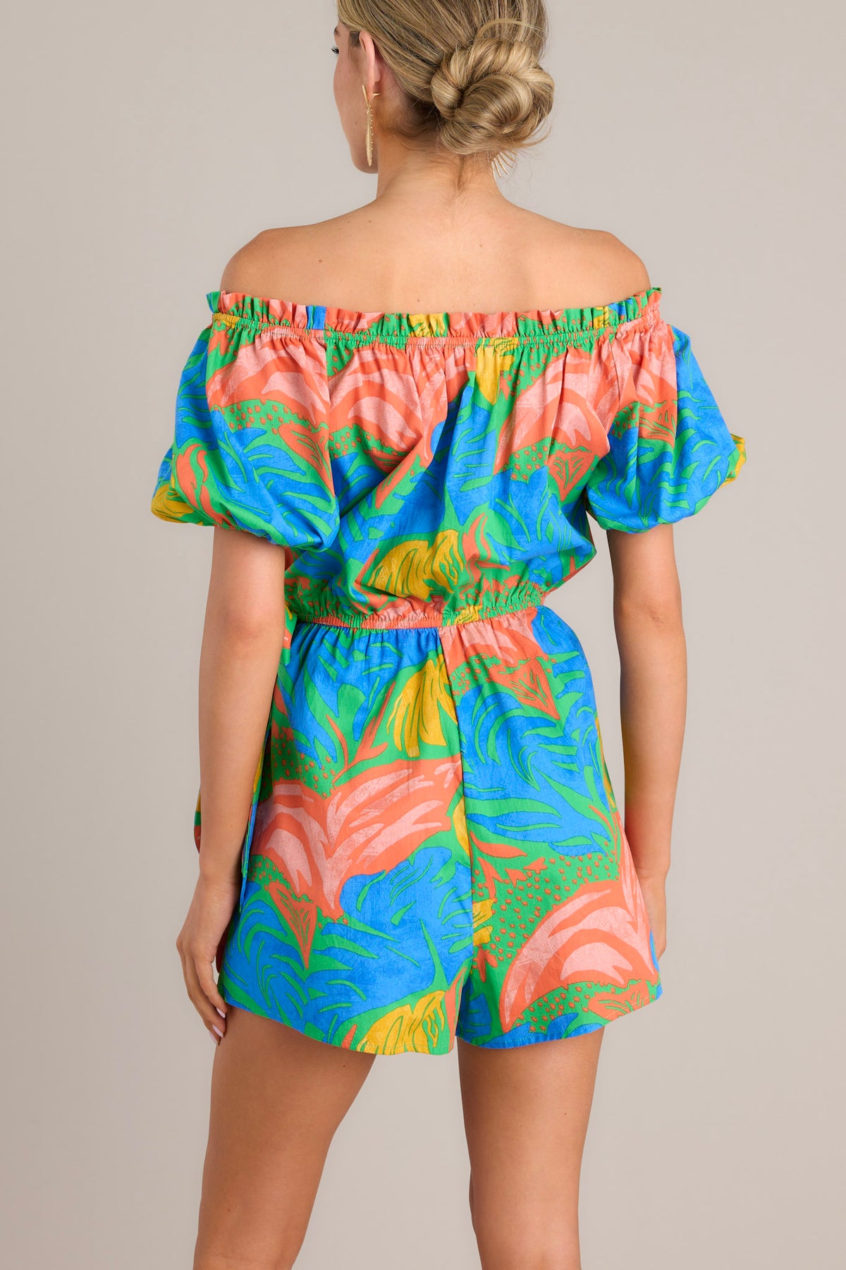 Green Tropical Print Off-The-Shoulder Romper - All Rompers | Red Dress