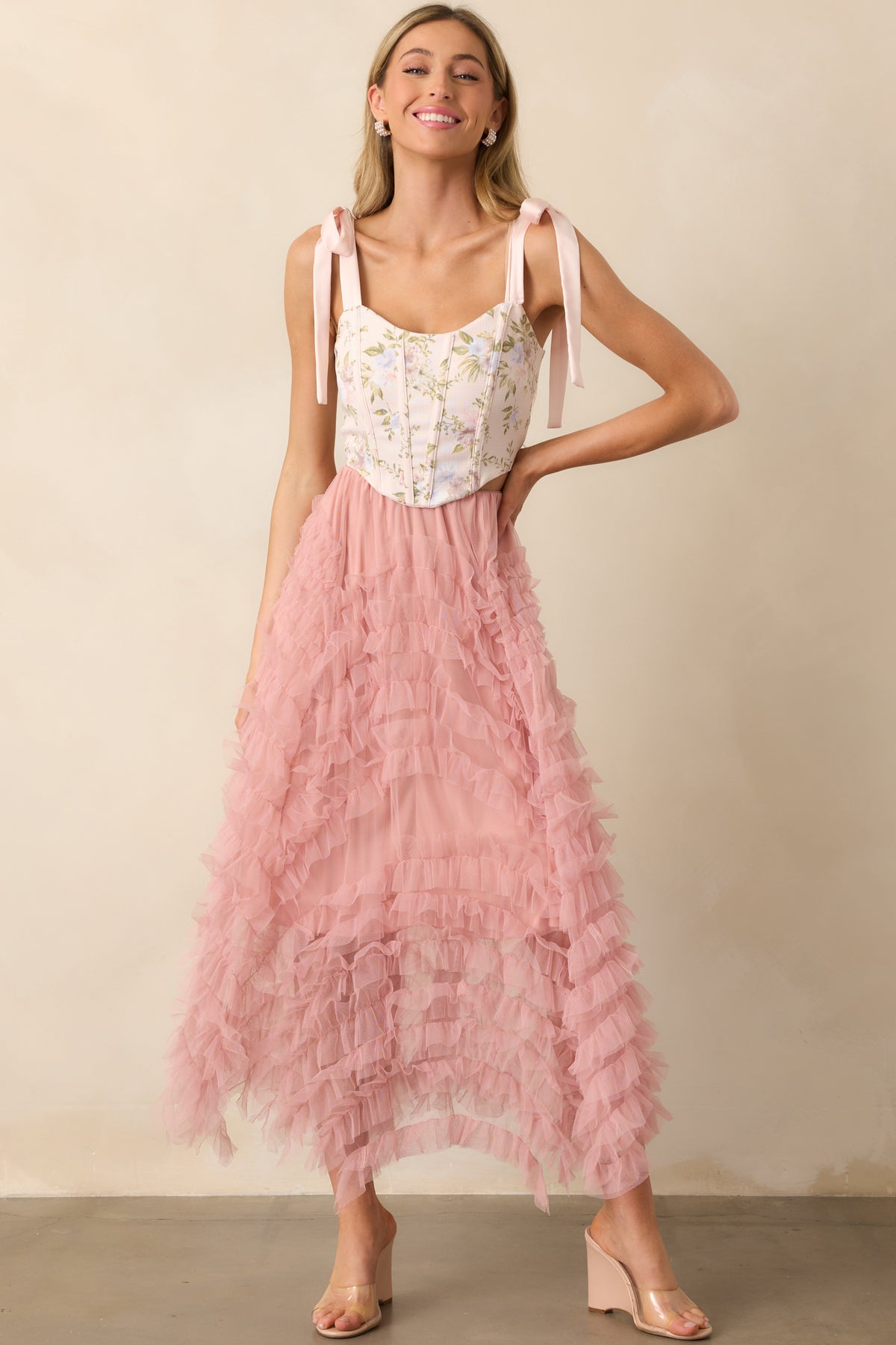 Dainty Light Pink Floral Corset Top - Fresh Florals | Red Dress