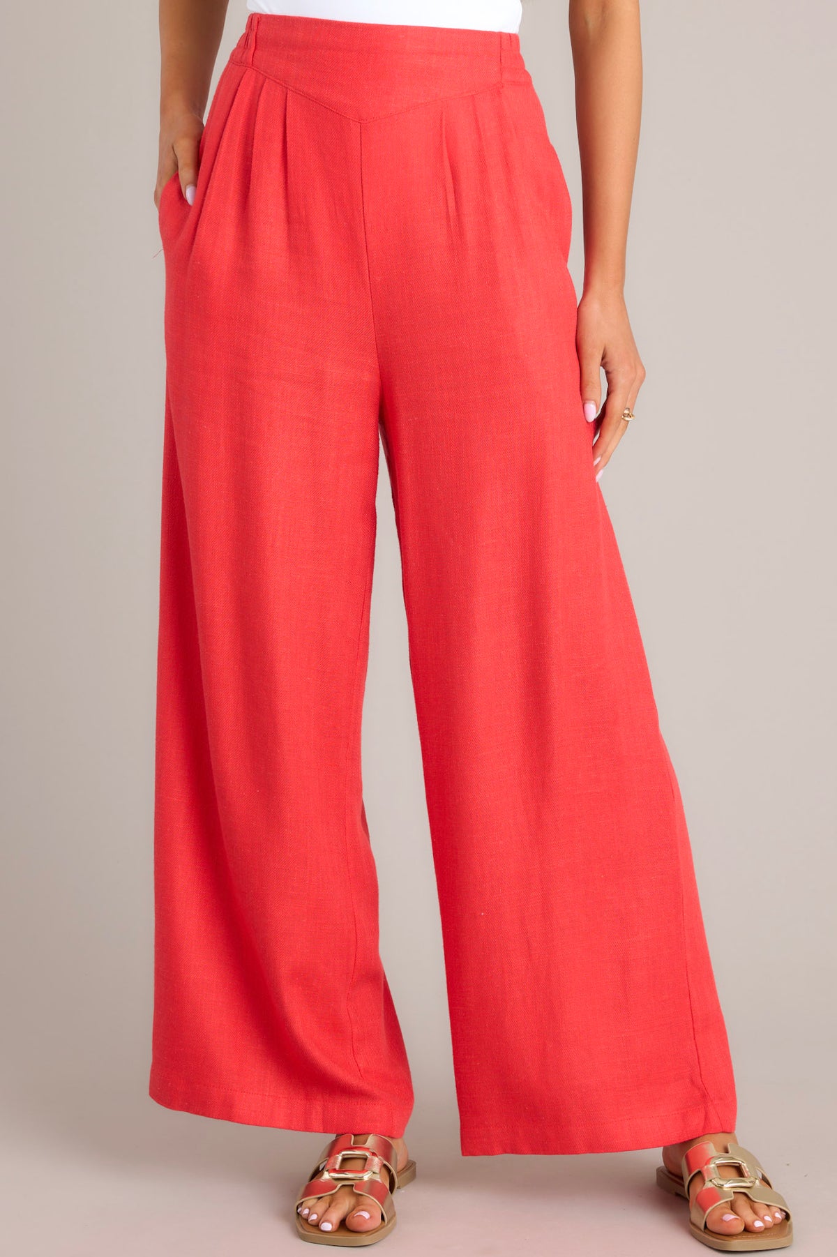 Linen Blend Red Wide Leg Pants - All Pants | Red Dress