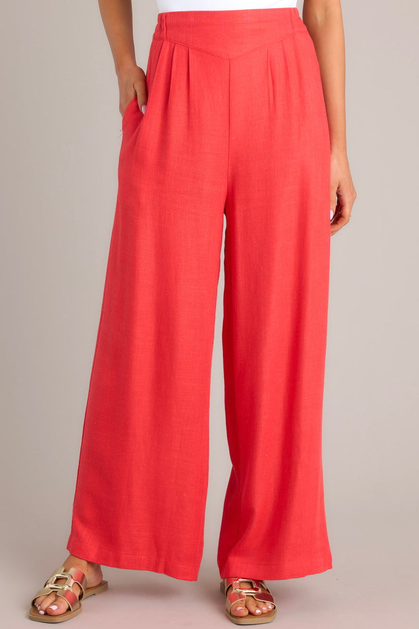 Linen Blend Red Wide Leg Pants - All Pants | Red Dress