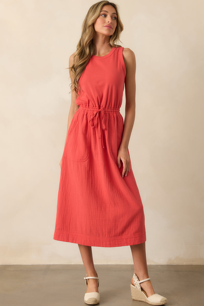 Tomato Red Cotton Gauze Midi Dress - Casual Dresses | Red Dress