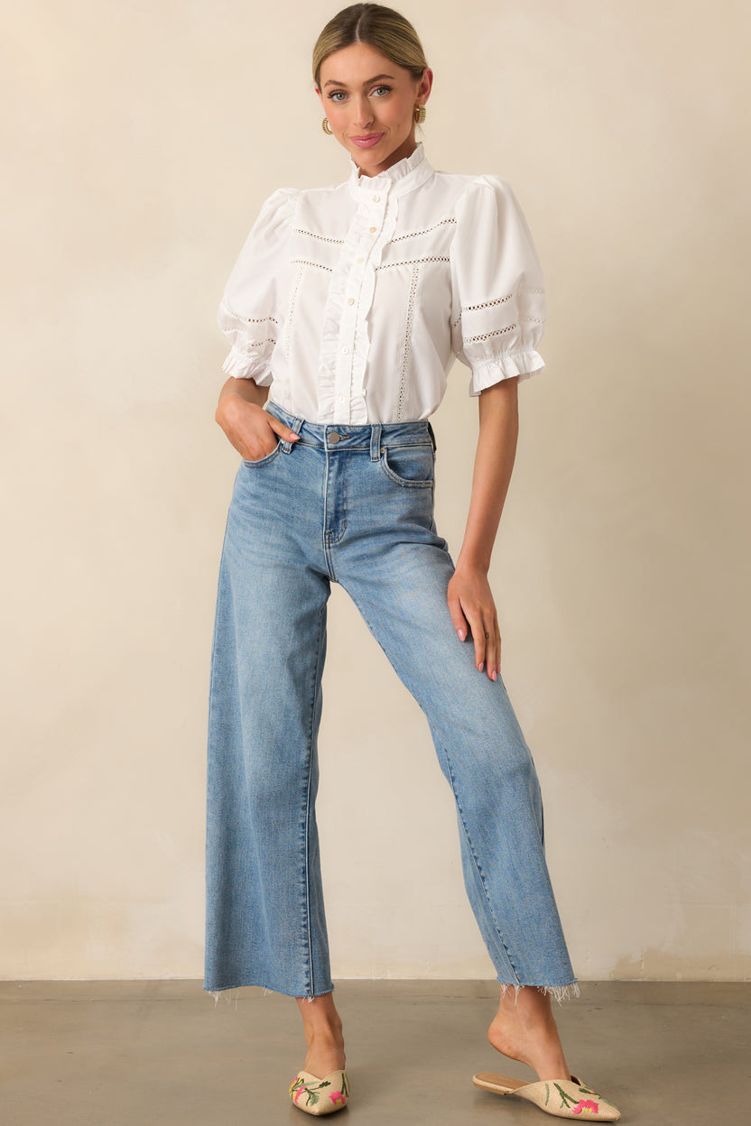 Ivory Eyelet Ruffle Half Sleeve Top - Casual Tops | Red Dress