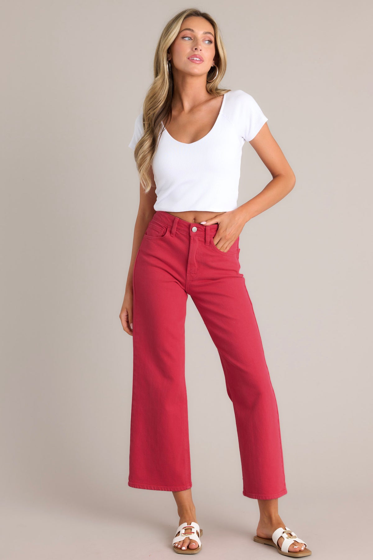 Red Cropped Wide Leg Jeans - All Denim | Red Dress