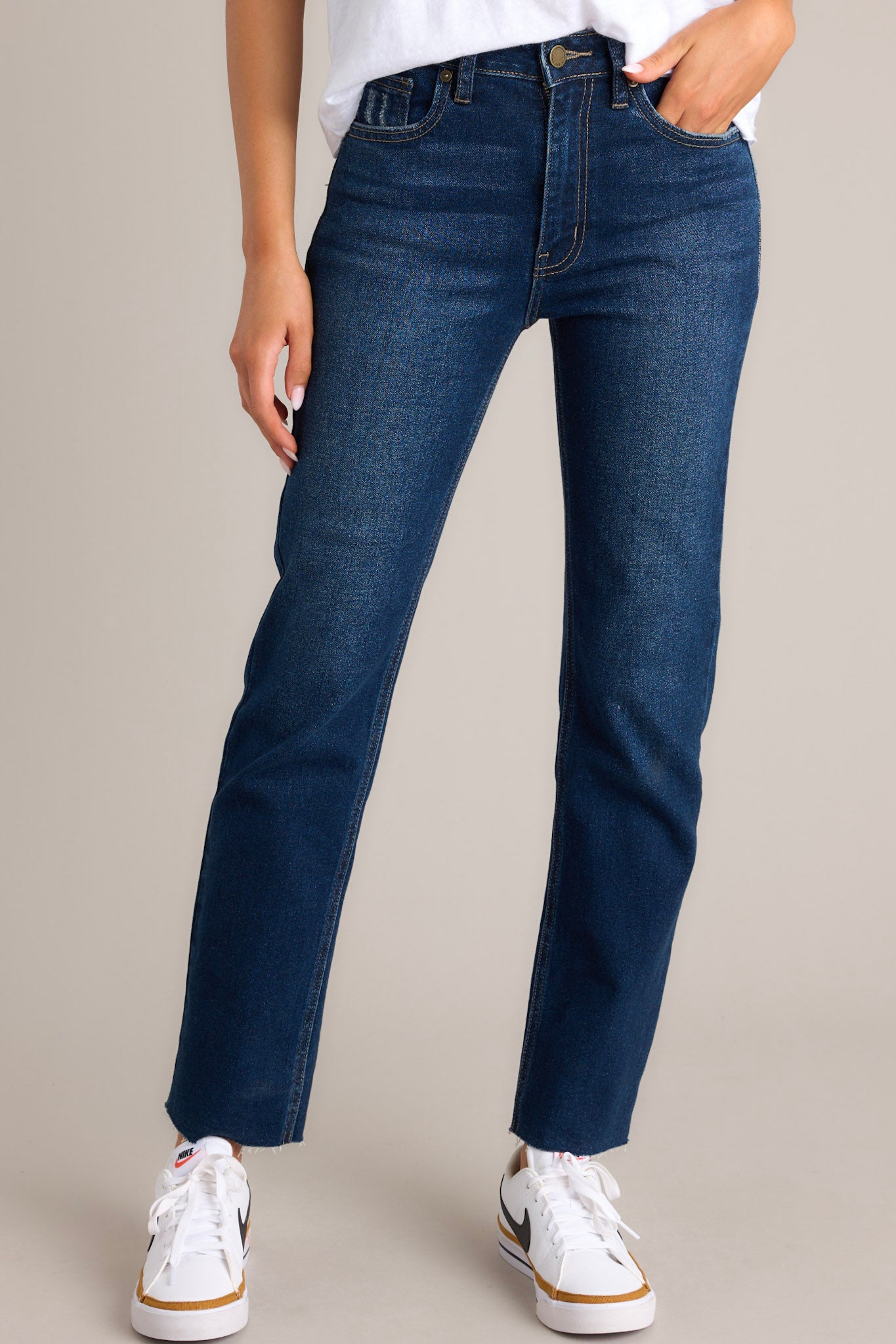High Rise Dark Wash Straight Leg Jeans - All Denim | Red Dress