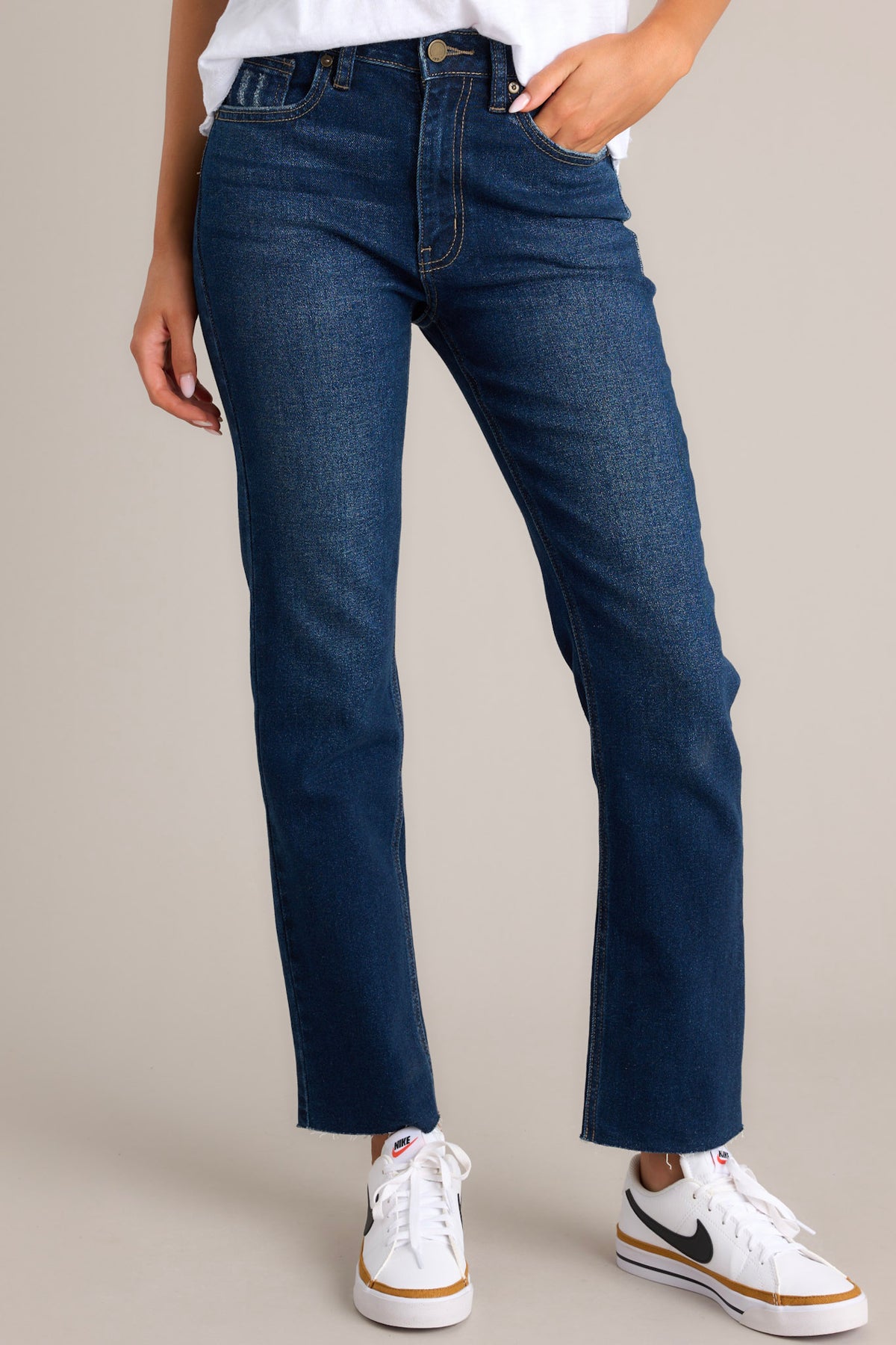 High Rise Dark Wash Straight Leg Jeans - All Denim | Red Dress