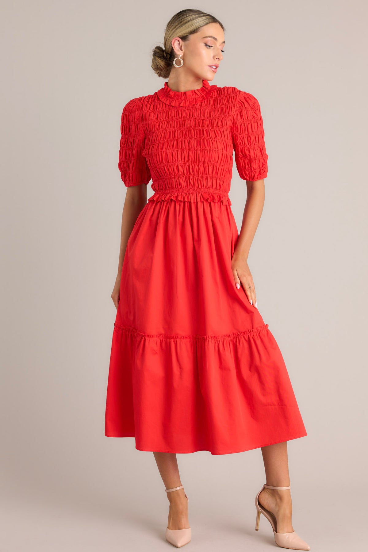 100% Cotton Red Smocked Midi Dress