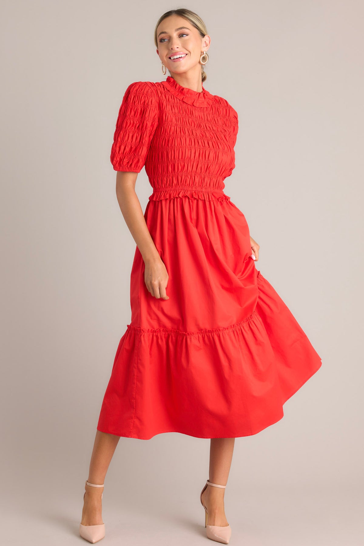 100% Cotton Red Smocked Midi Dress