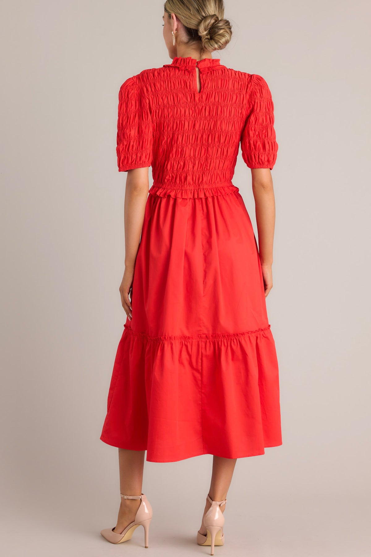 100% Cotton Red Smocked Midi Dress