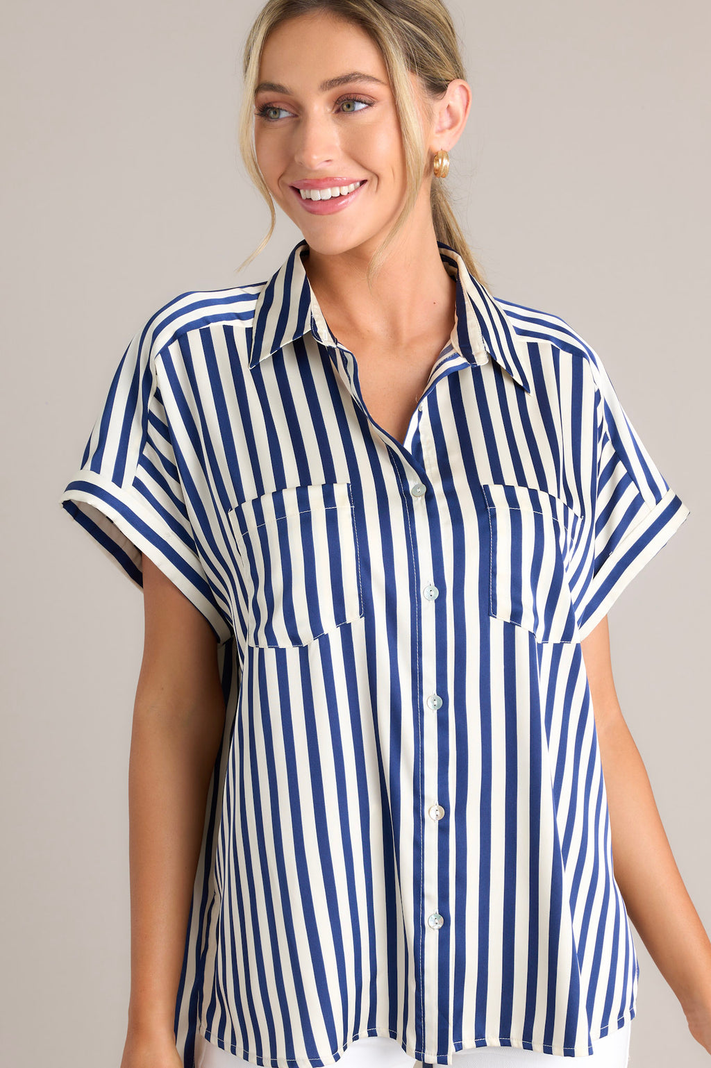 Navy Stripe Button Front Top - All Tops | Red Dress