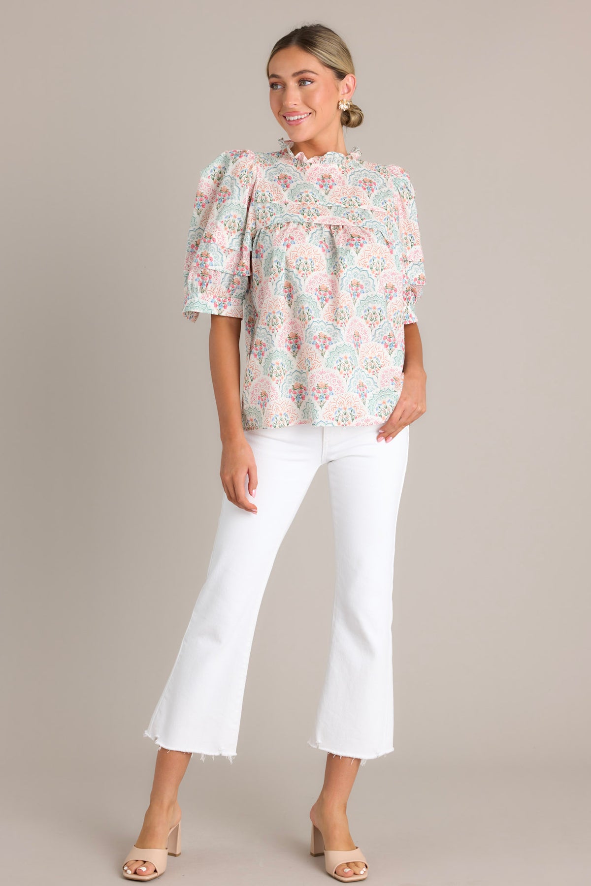 White Floral 100% Cotton High Neck Top - All Tops | Red Dress