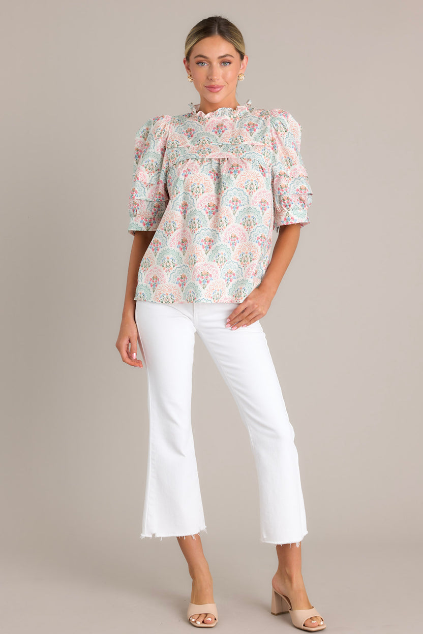 White Floral 100% Cotton High Neck Top - All Tops | Red Dress