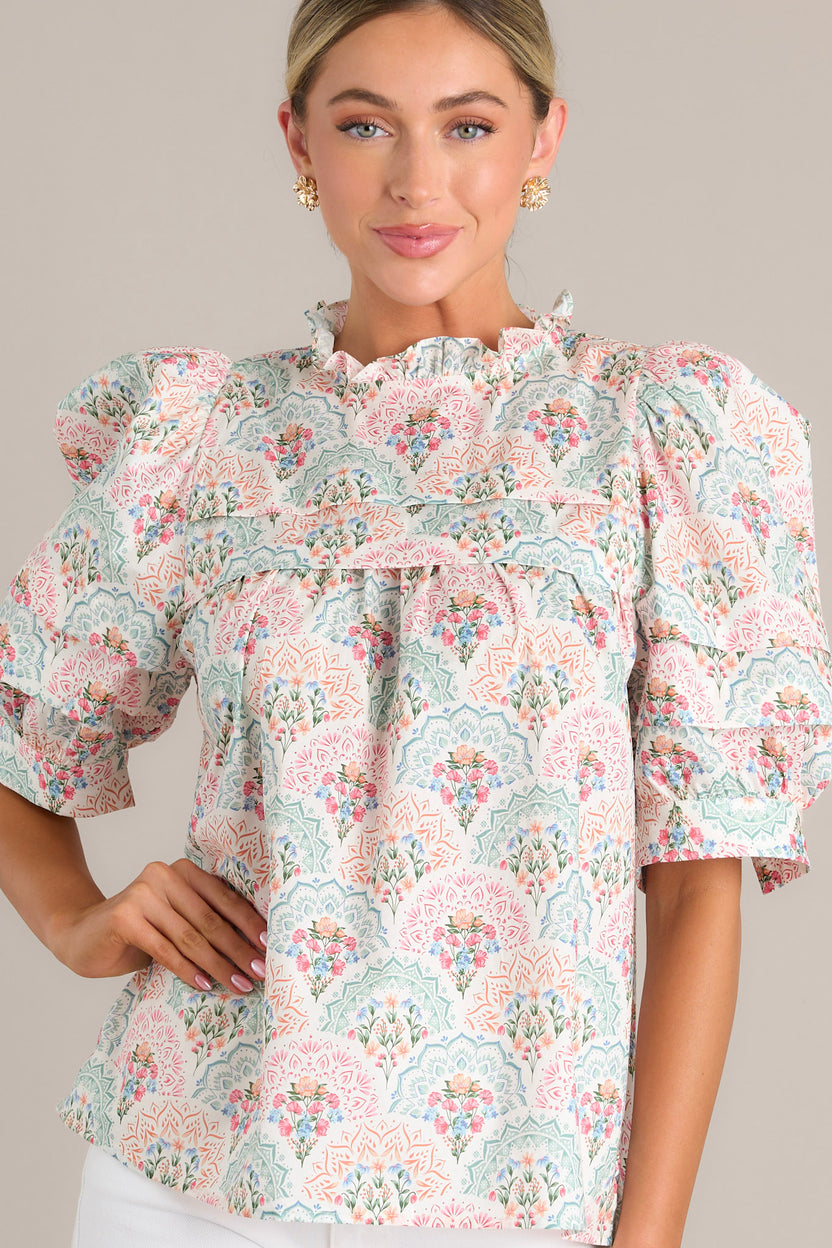 White Floral 100% Cotton High Neck Top - All Tops | Red Dress