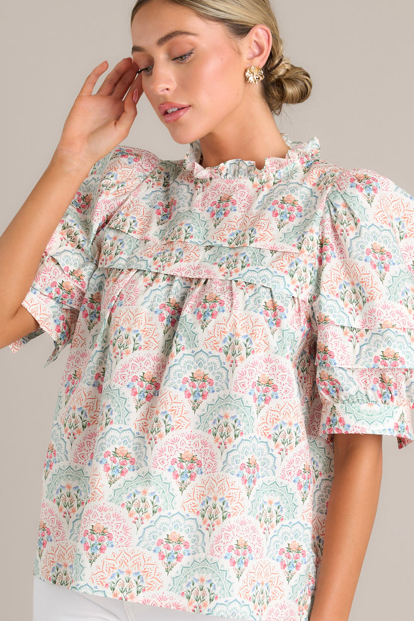 White Floral 100% Cotton High Neck Top - All Tops | Red Dress