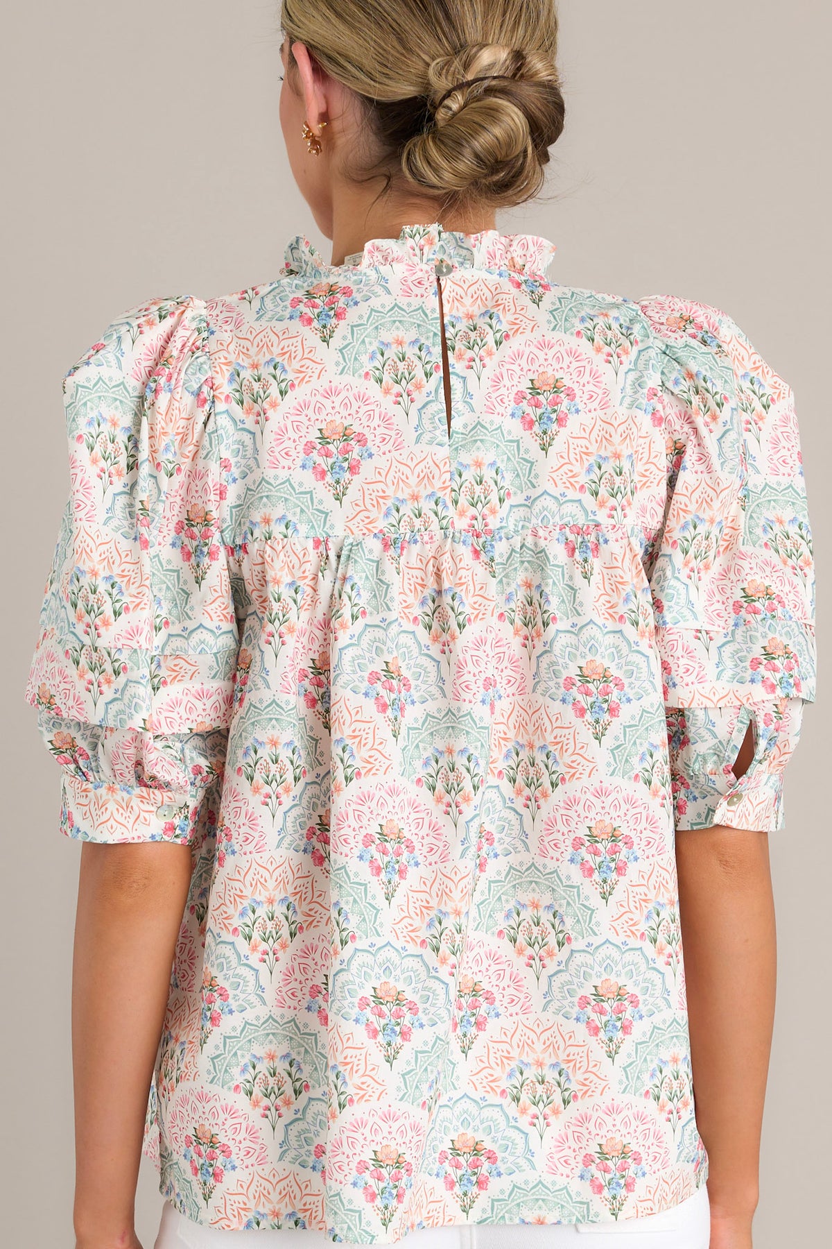 White Floral 100% Cotton High Neck Top - All Tops | Red Dress