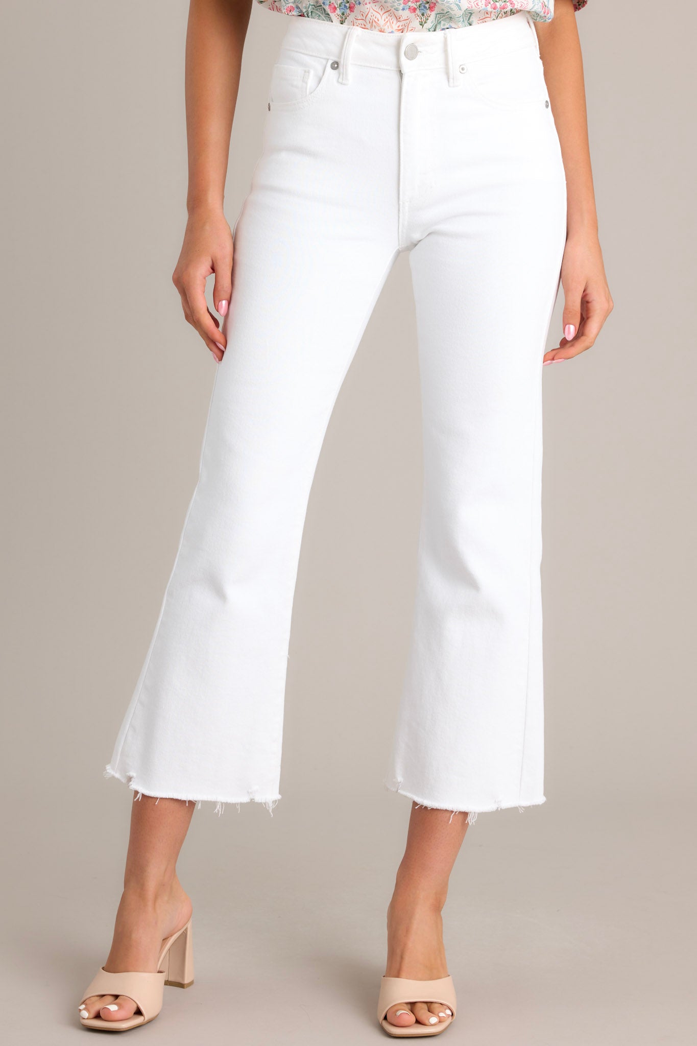 White Cropped Raw Hem Flare Jeans - All Denim | Red Dress