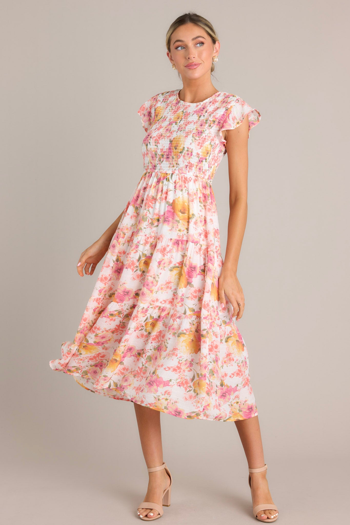 Pink Floral Smocked Midi Dress - All Dresses | Red Dress