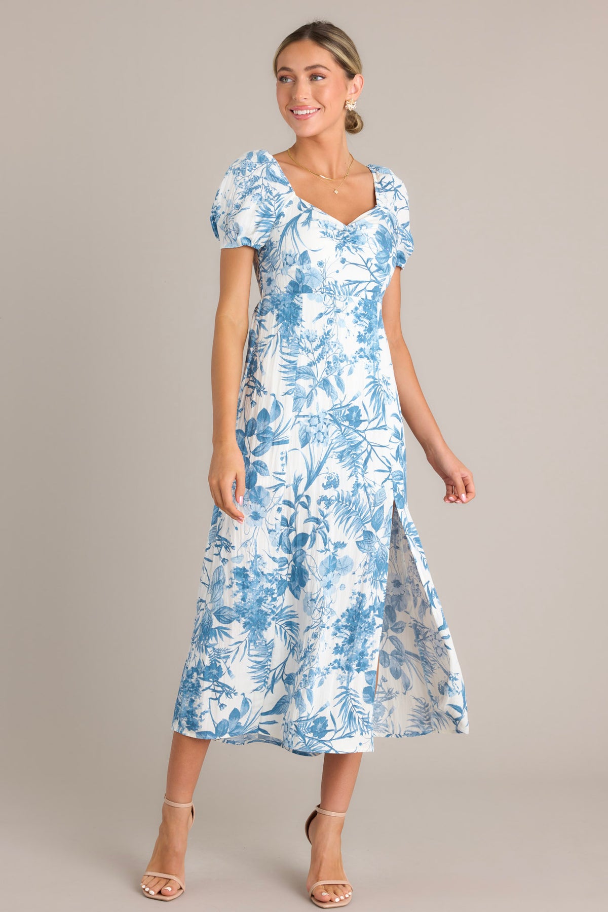 Blue Floral Short Sleeve Midi Dress - All Dresses | Red Dress
